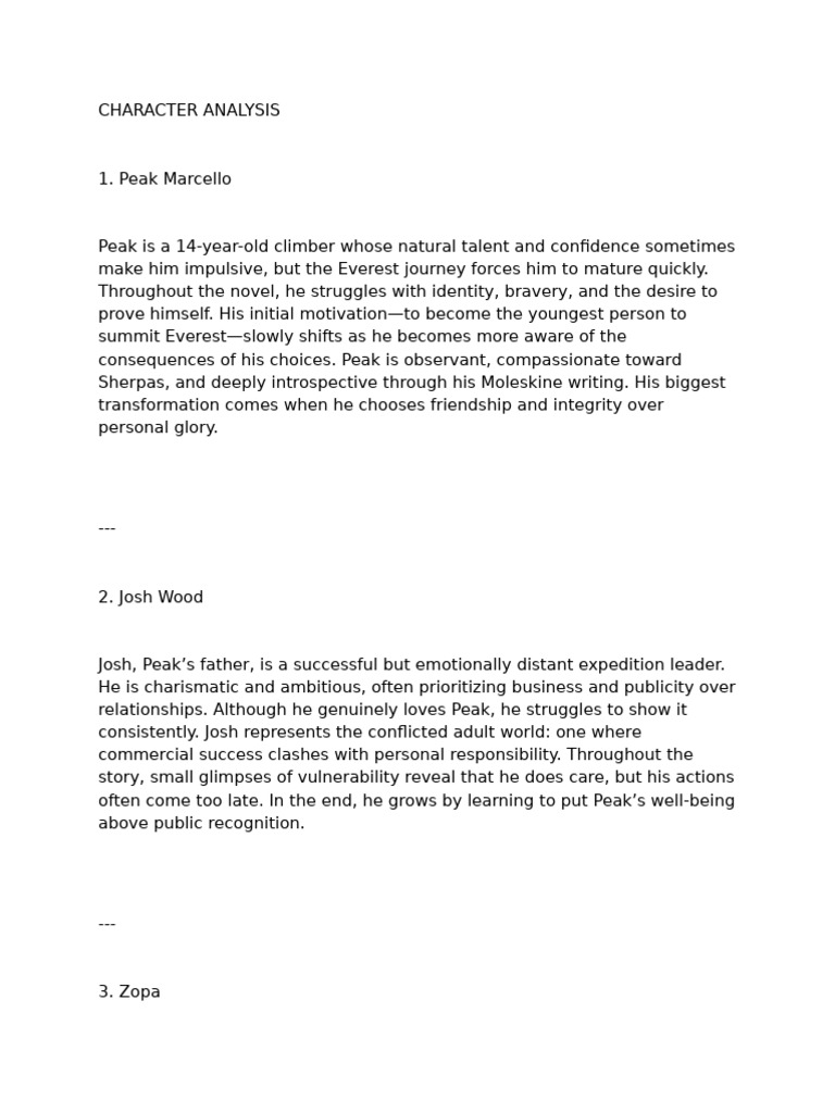 Characters Analysis & Themes Summaries (Peak Novel) | PDF | Mount ...