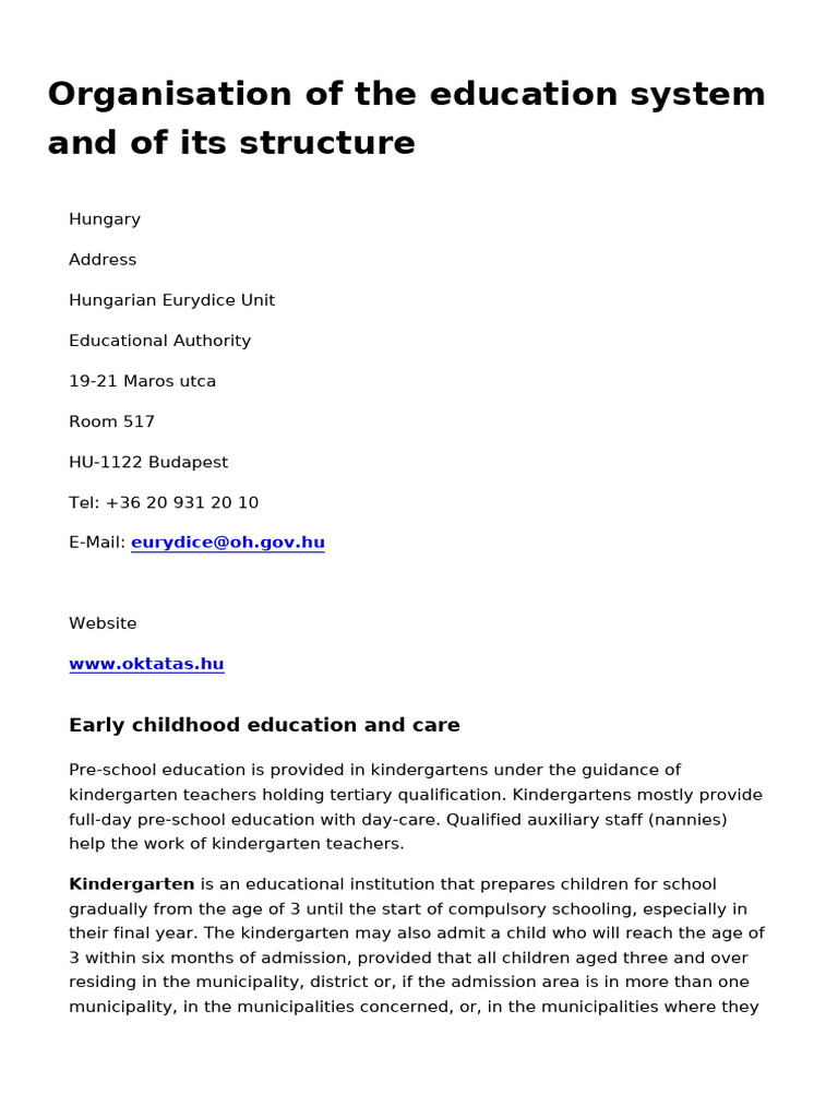 Organisation of the Education System and of Its Structure | PDF ...