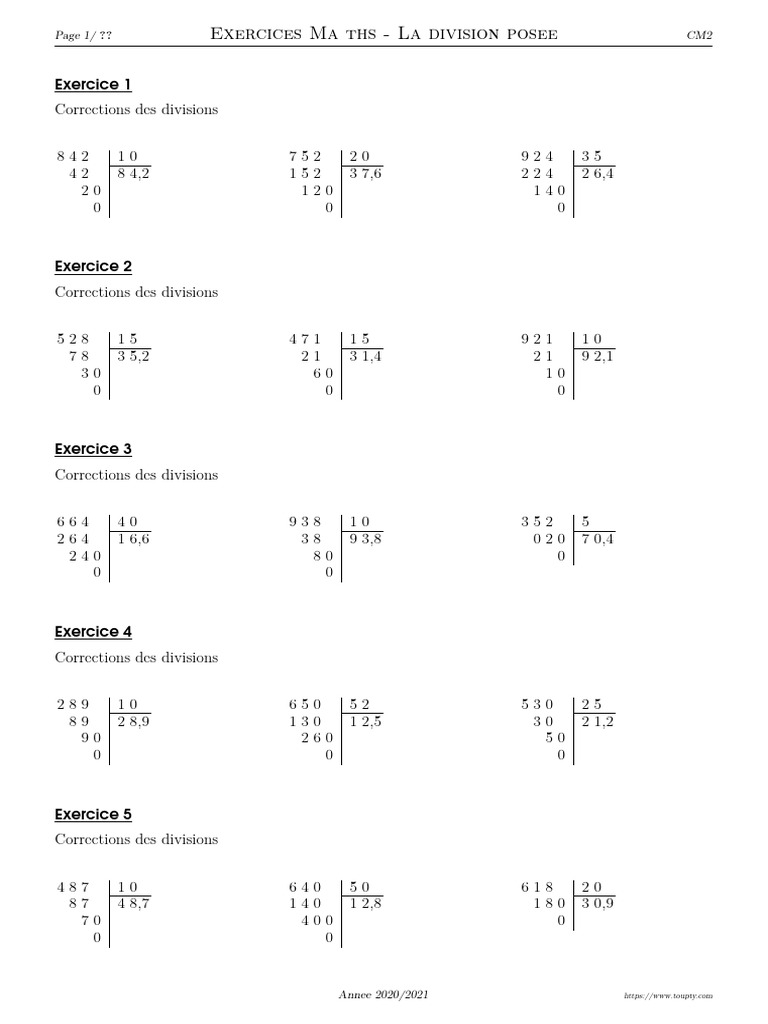 Division Posee Cm2 Sans Reste 1 Decimale 10 Correction 1 | PDF