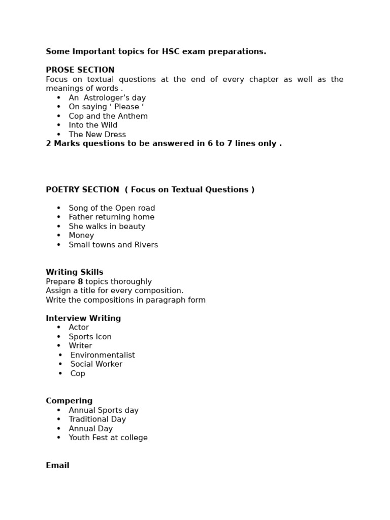 Topics For STD XII English Exam | PDF