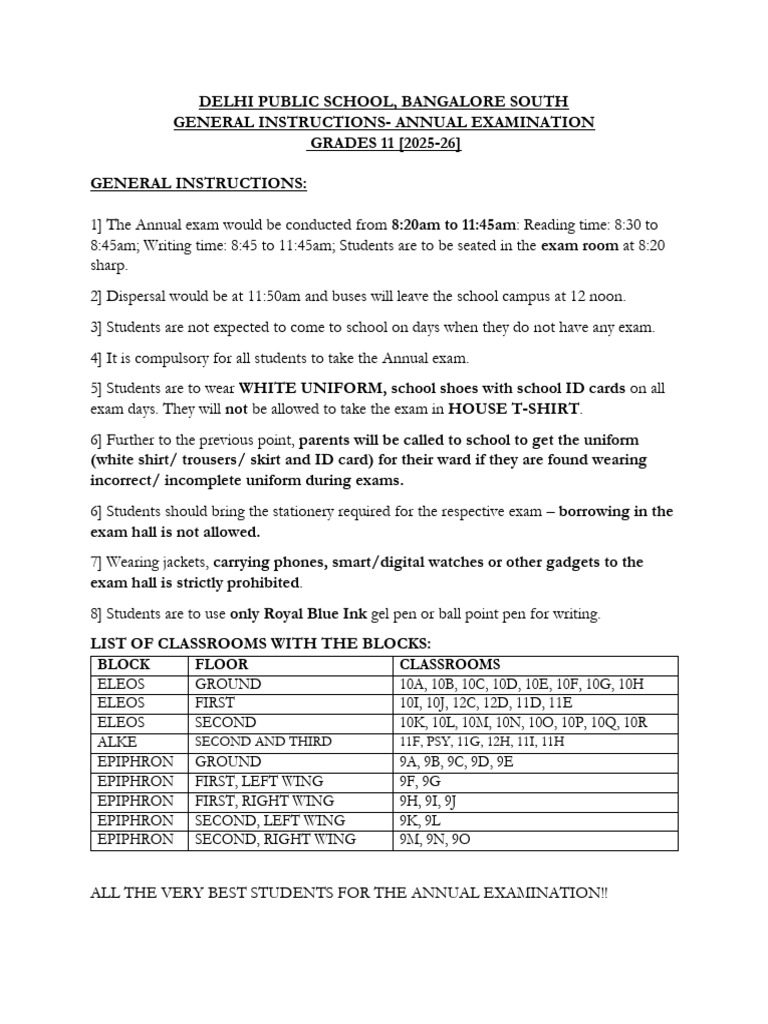 General Instructions for Grade 11 Annual Exams | PDF