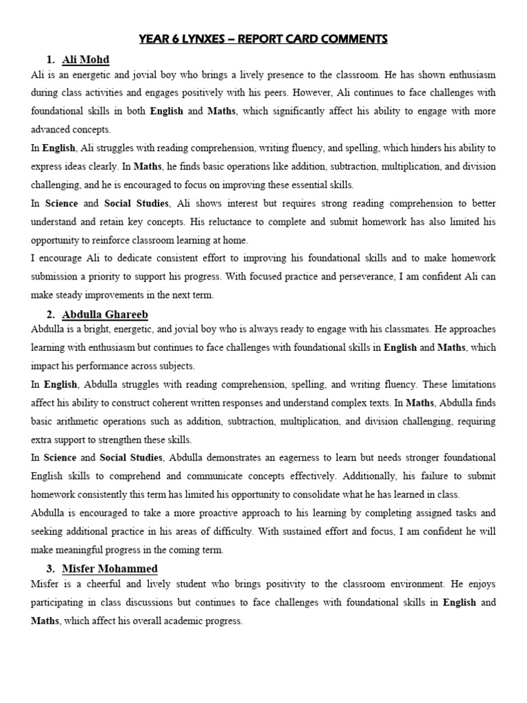 YEAR 6 LYNXES Term 1 - REPORT CARD COMMENTS | PDF | Learning | Reading ...