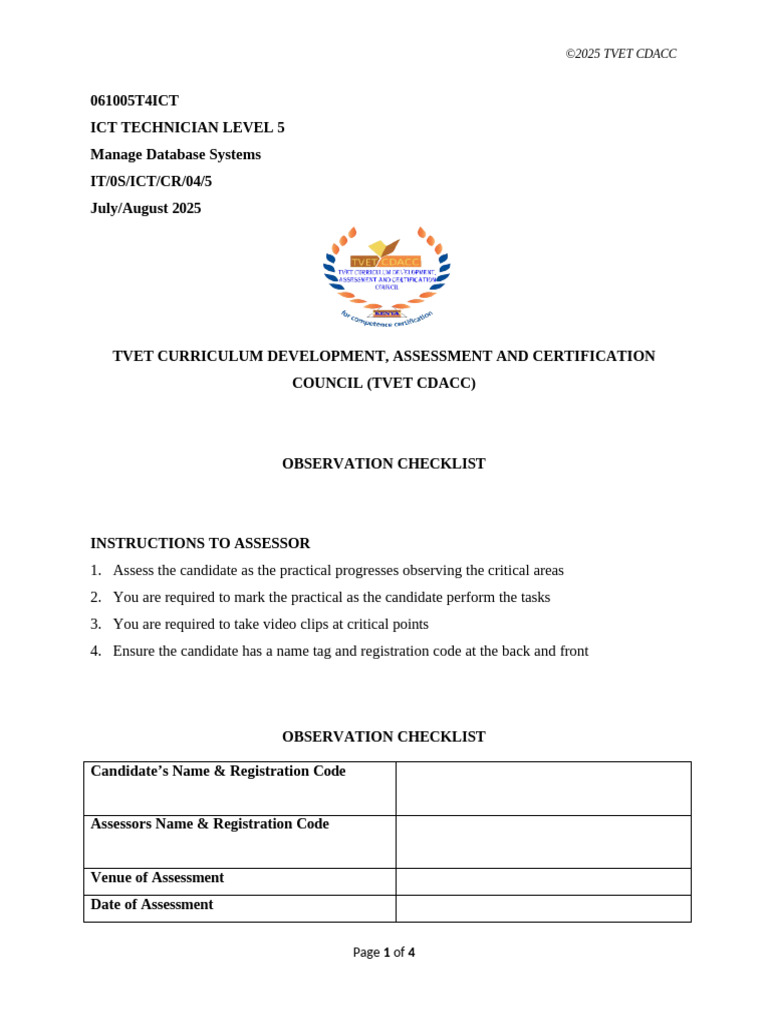 Observation Checklist Manage Database Systems Level 5 | PDF | Databases ...