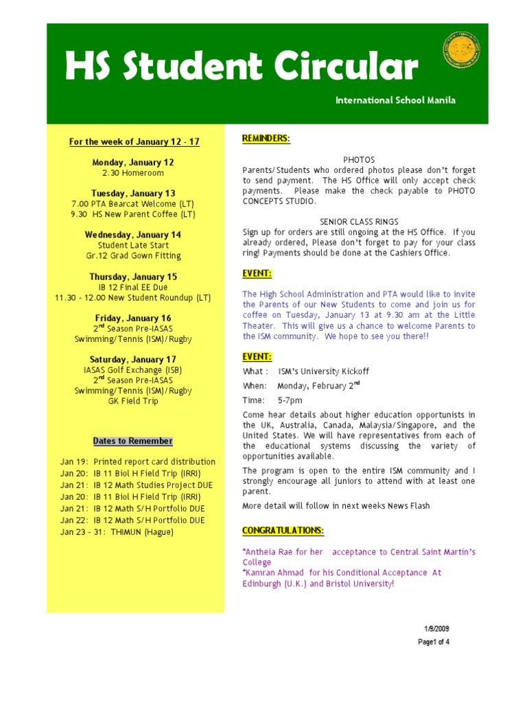 Student Circular Jan 09 | PDF | Psat/Nmsqt | Sat