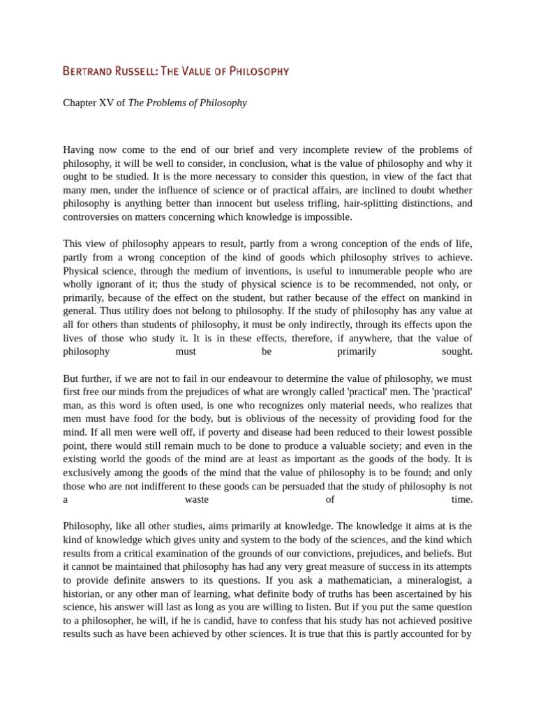 Value of Philosophy Bertrand Russell | PDF | Knowledge | Philosophy Of Self