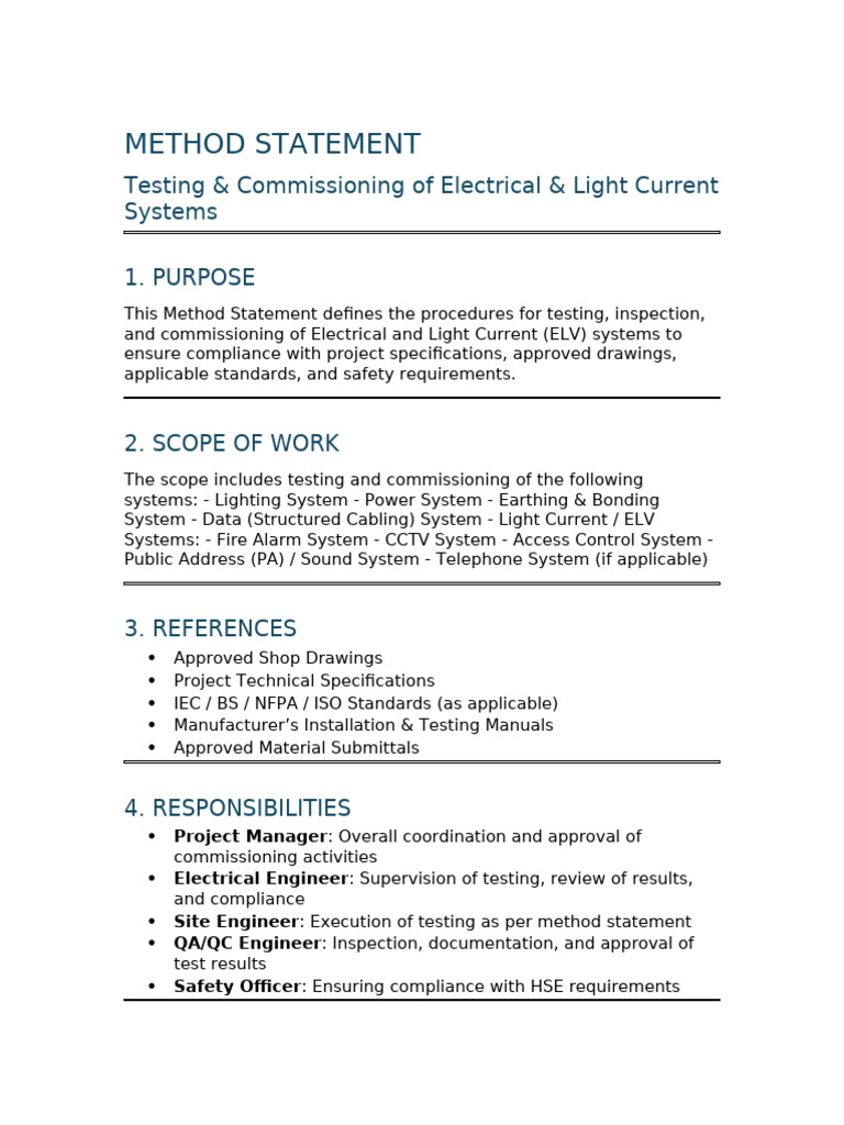 Method Statement - Testing & Commissioning (Electrical & Light Current ...