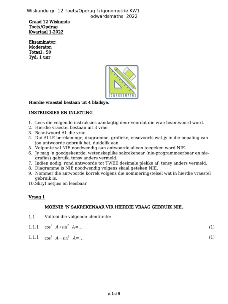 Gr 12 Edwardsmaths Toets of Opdrag Trigonometry Kw1 2022 Afr | PDF