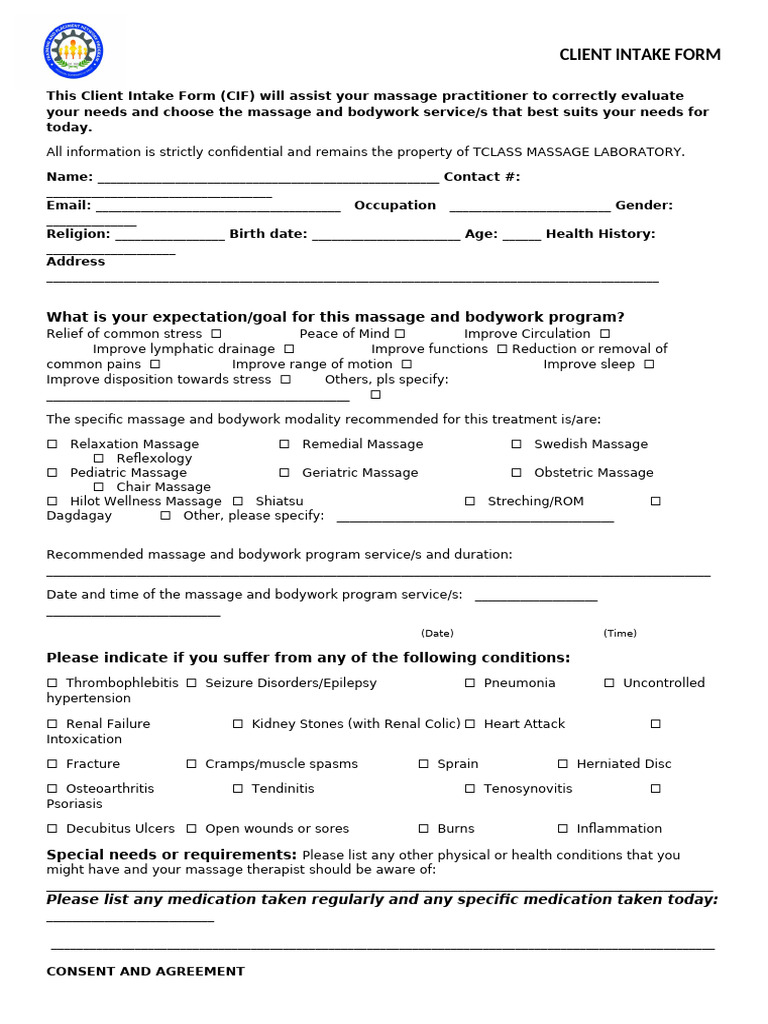 Massage Client Intake Form | PDF | Massage | Pain