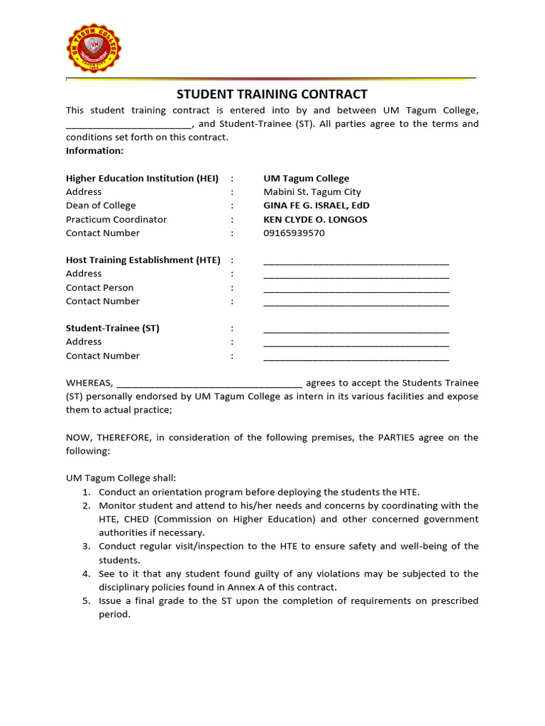 Student Training Contract | PDF | Teachers | Justice