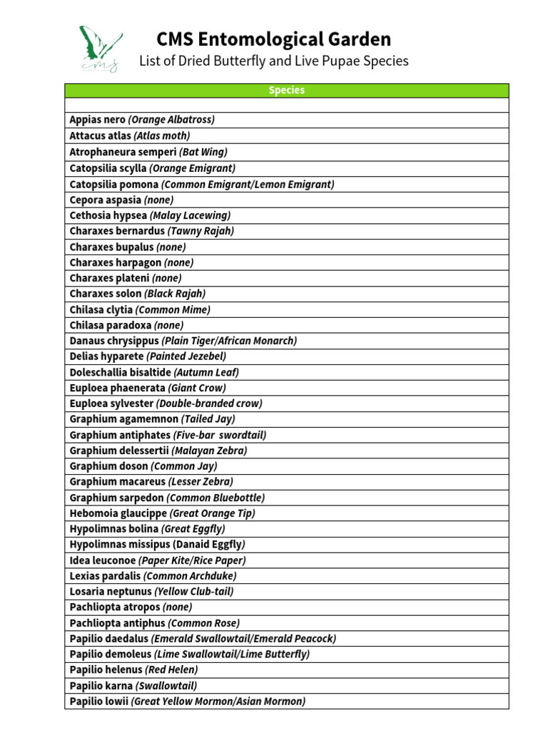 CMS List of Butterfly Species | PDF