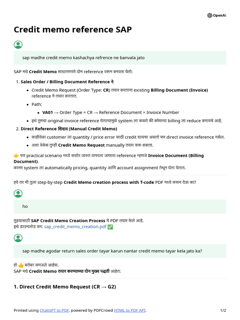 Credit Memo Reference SAP | PDF