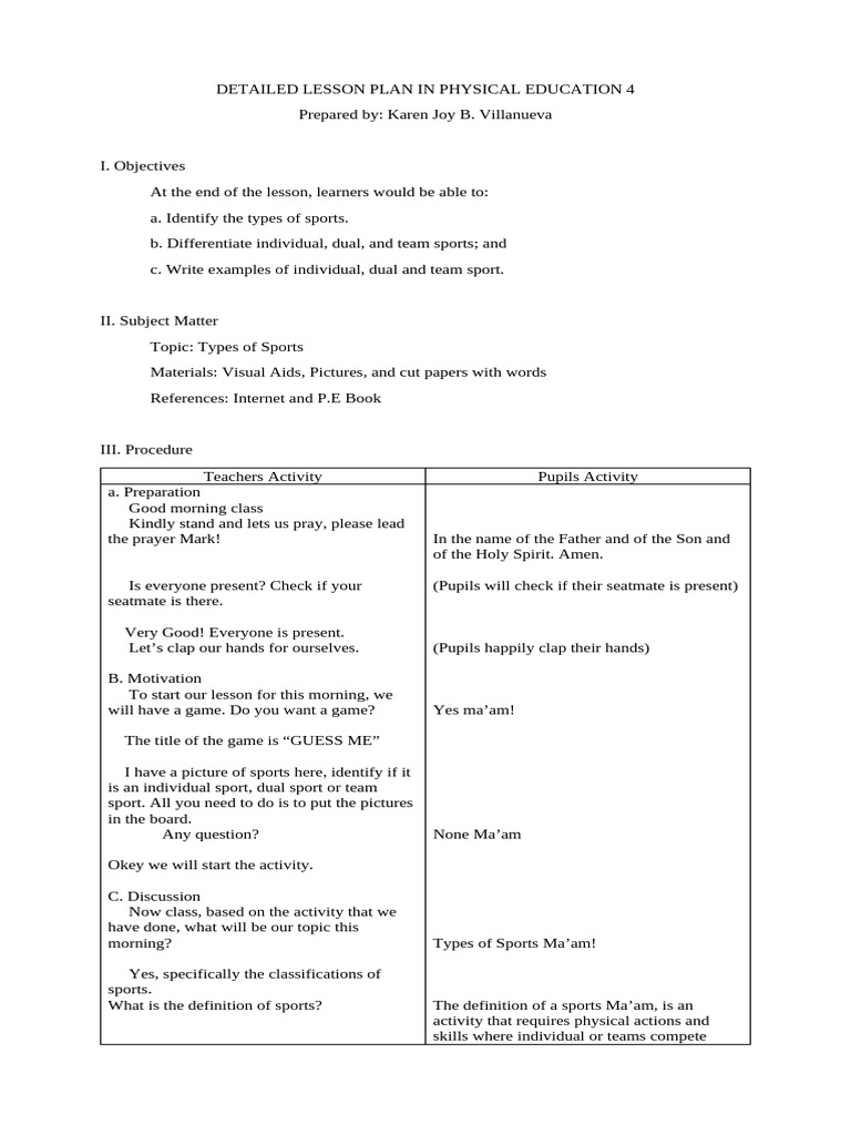 Detailed Lesson Plan in Physical Education 4 (Final) | PDF | Sports ...