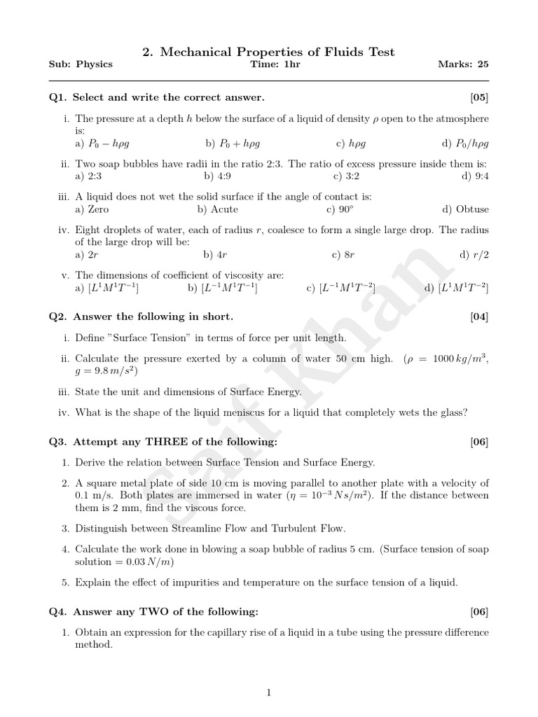 Mechanical Properties of Fluids Test Series | PDF | Drop (Liquid ...