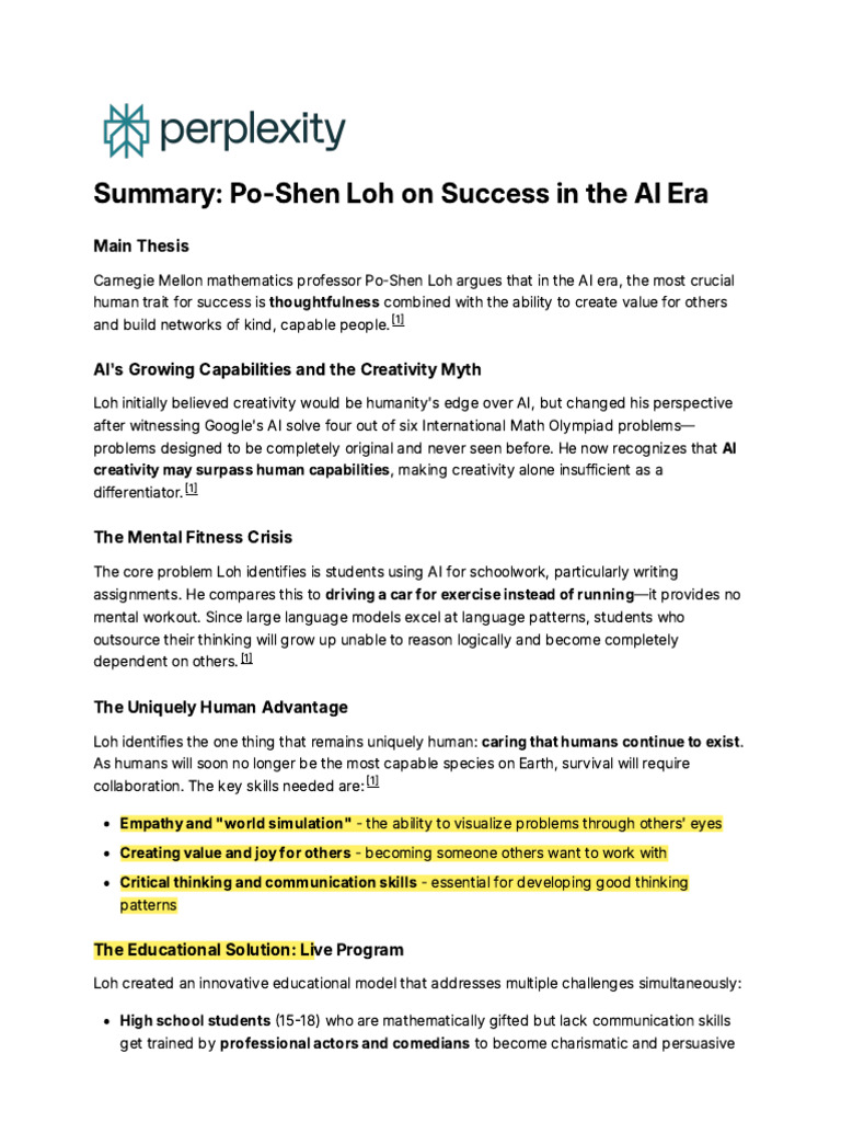 Summary - Po-Shen Loh On Success in The AI Era | PDF | Artificial ...