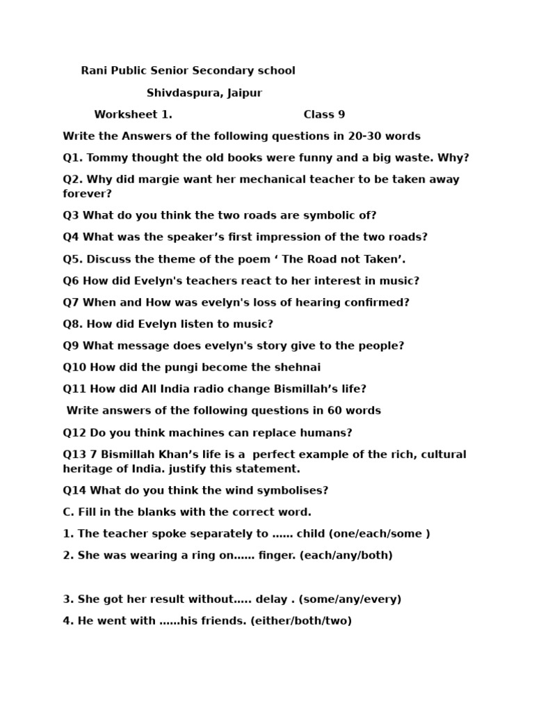 Class 9 Worksheet of Mixed Questions of English Textbook | PDF