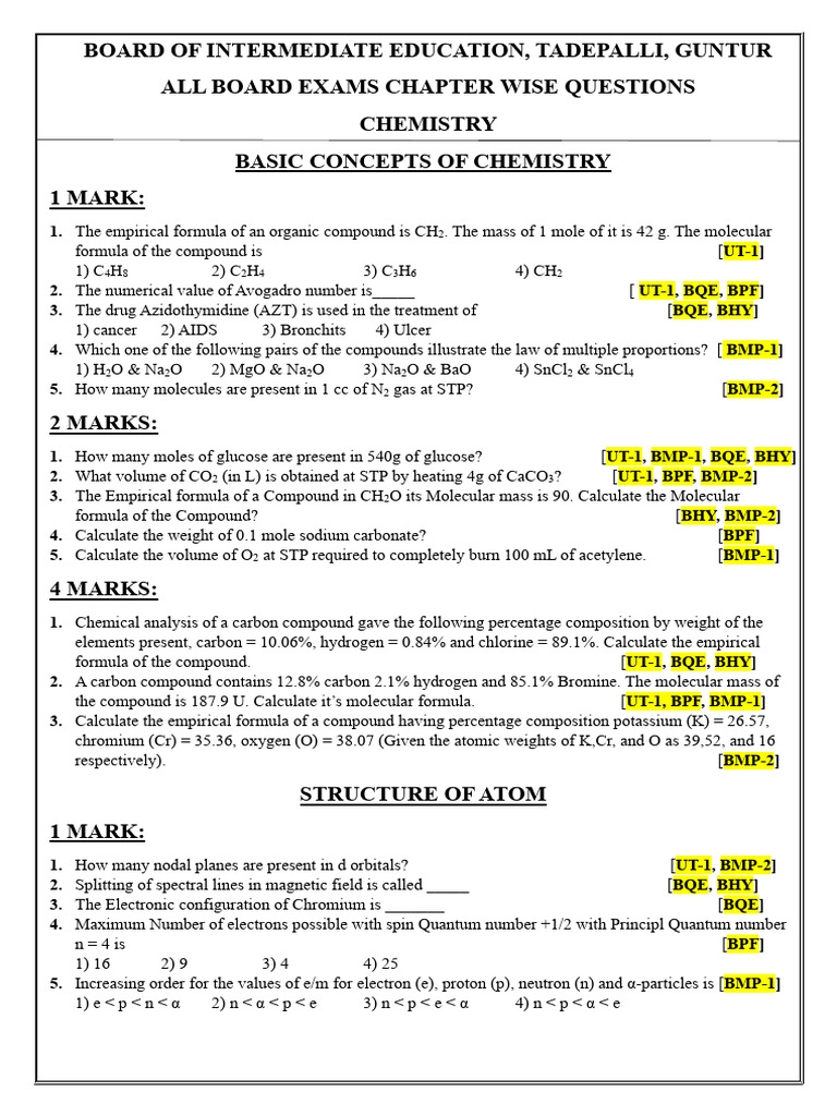 Bie AP Chemistry Chapter Wise Questions.final. | PDF | Acid | Molecules
