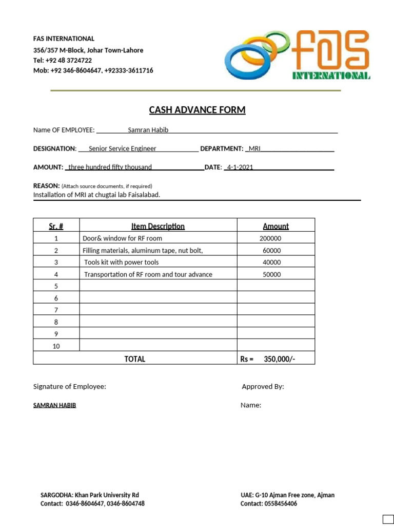 RF Room Advance - Advance Form | PDF