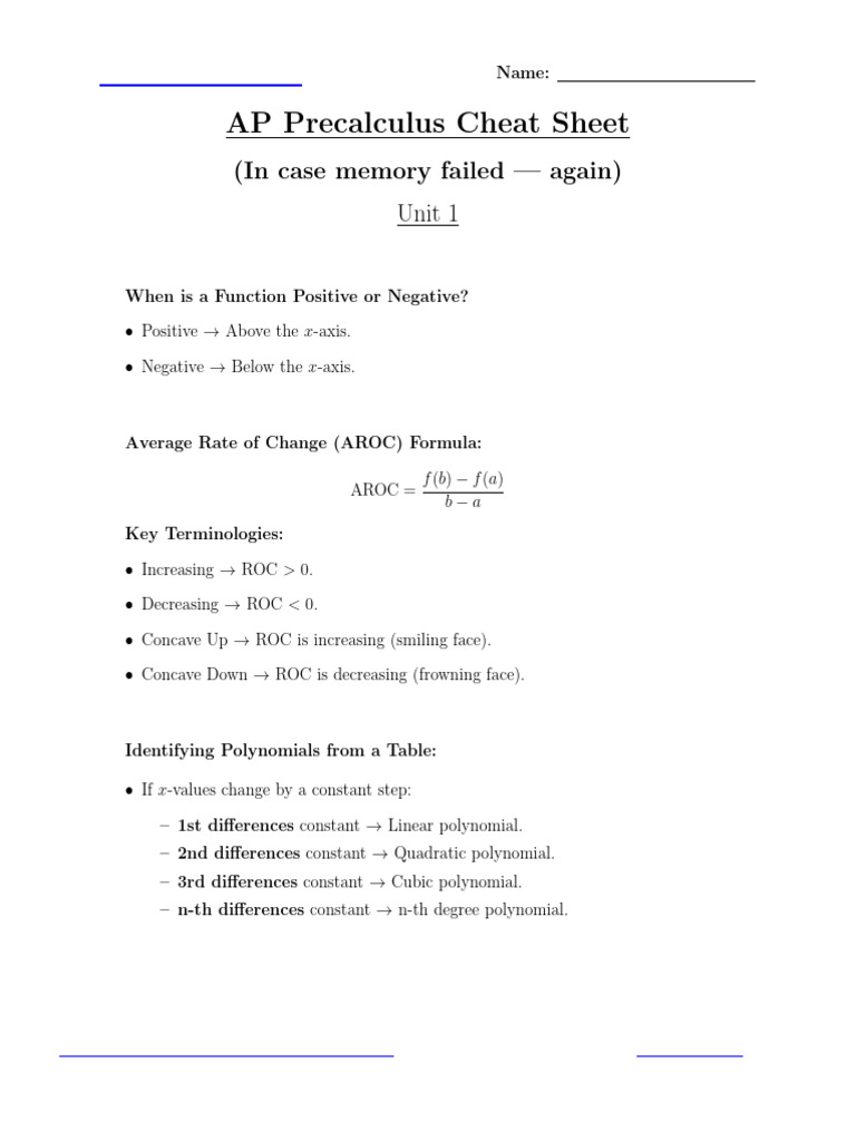 AP Precalculus Cheat Sheet | PDF | Asymptote | Mathematics