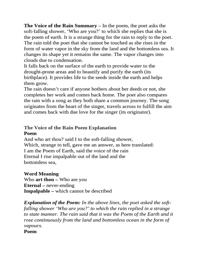 Voice of Rain Explanation Q Ans | PDF | Rain | Water