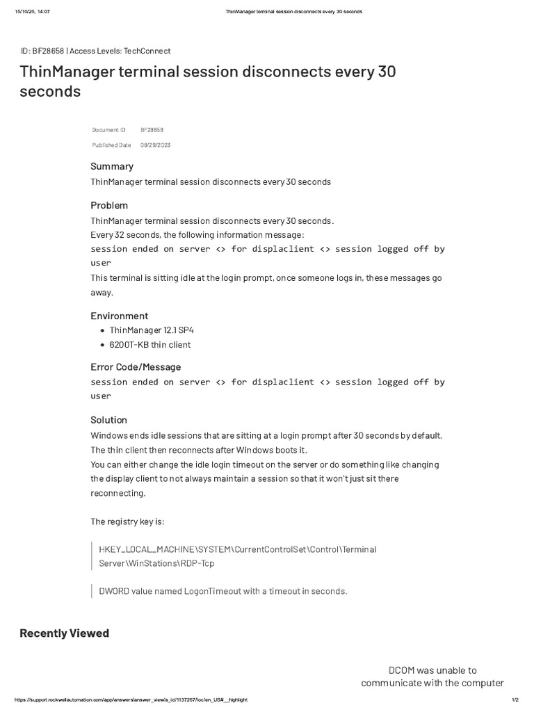 ThinManager Terminal Session Disconnects Every 30 Seconds | PDF