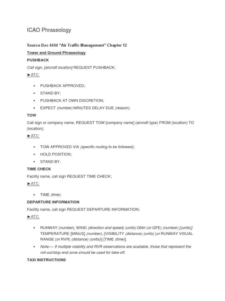 ICAO Phraseology | Air Traffic Control | Runway
