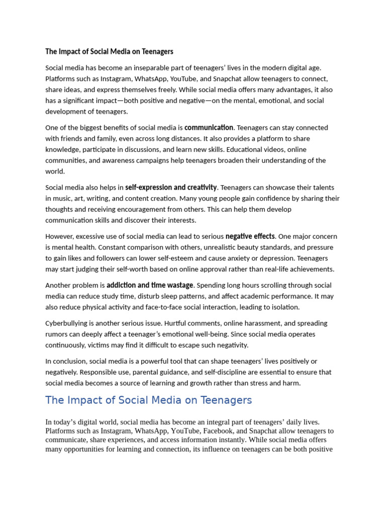 The Impact of Social Media On Teenagers | PDF | Social Media | Popular ...