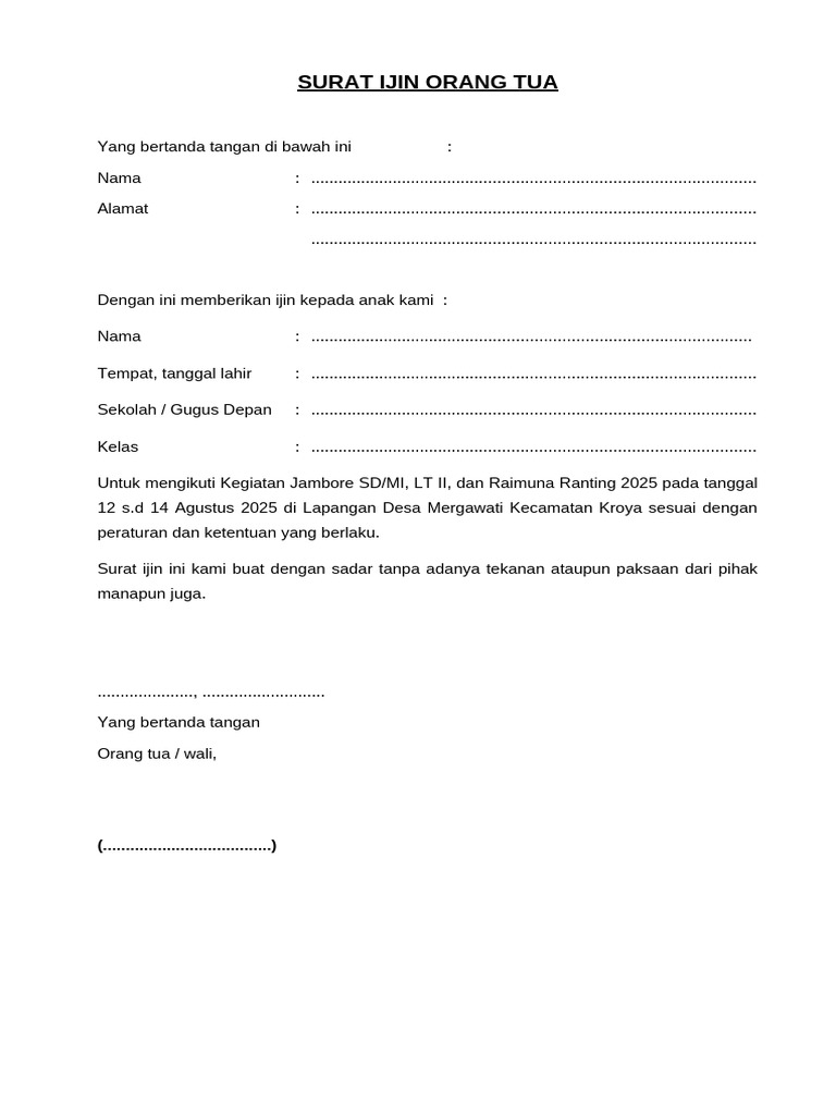 Surat Ijin Orang Tua Mengikuti Kemah | PDF
