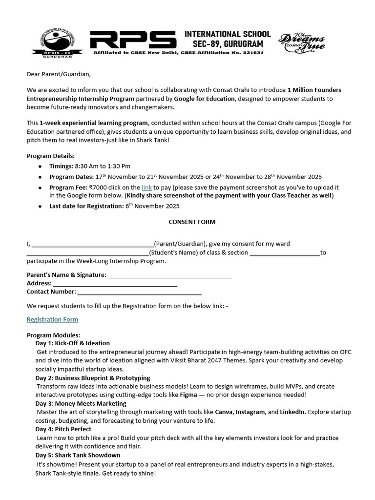 Circular 1 Million Founders Program RPS International School 89 | PDF ...