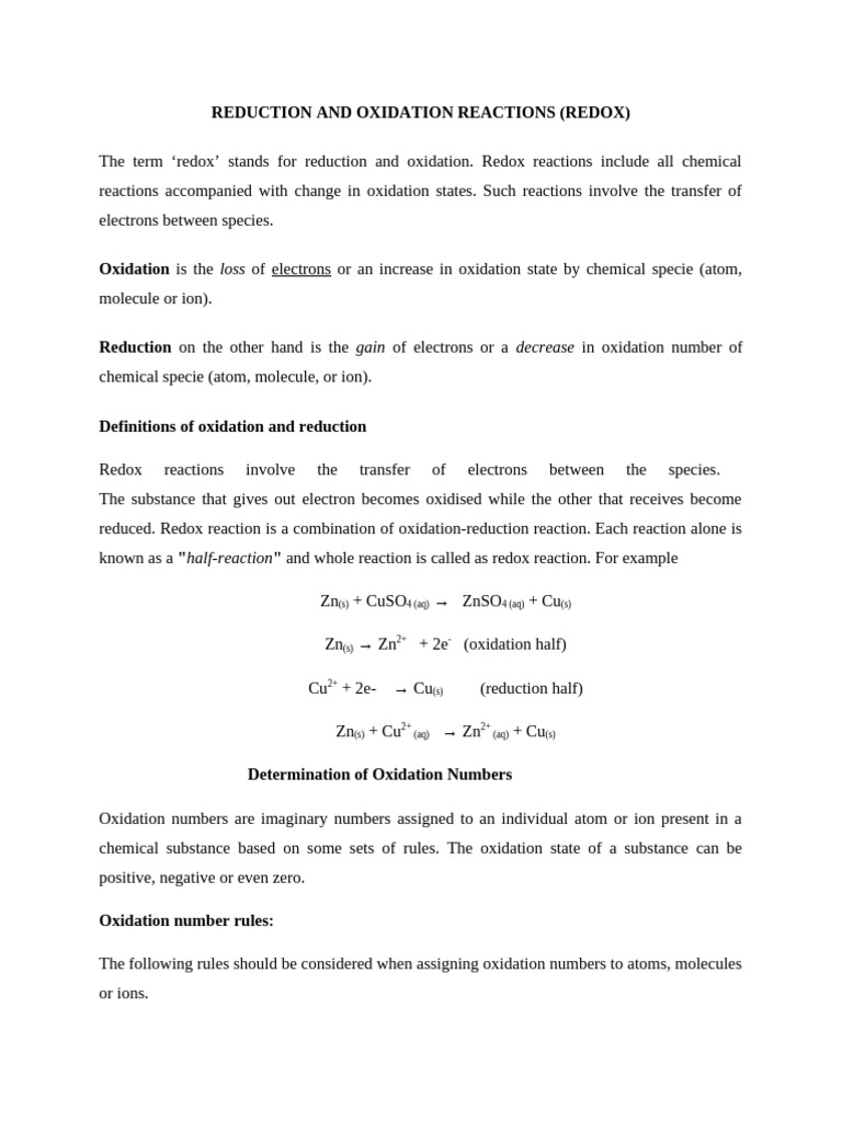 Reduction and Oxidation Reactions | PDF | Redox | Chemical Reactions