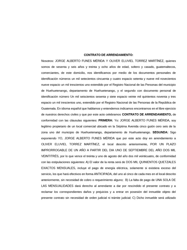 Contrato de Arrendamiento Jorge Funes y Oliver Torrez | PDF | Sentencia ...