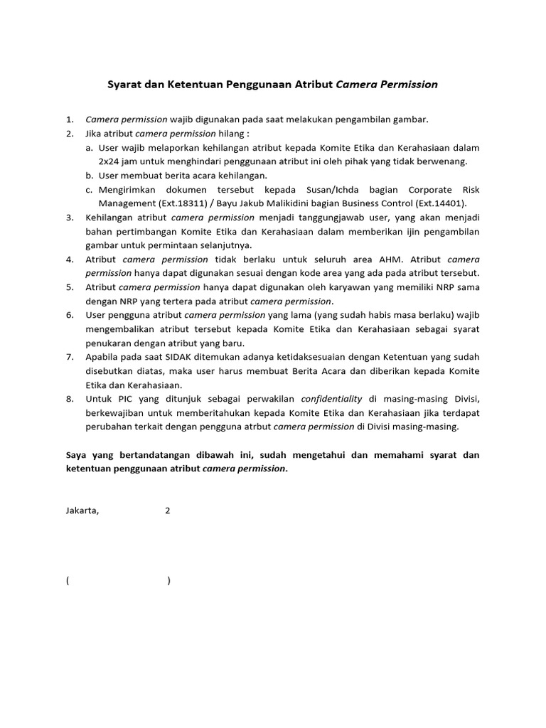 Syarat Dan Ketentuan Penggunaan Atribut Camera Permission | PDF