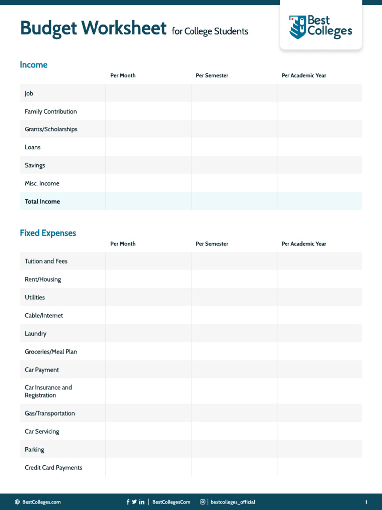 BestColleges College Budgeting Worksheet | PDF