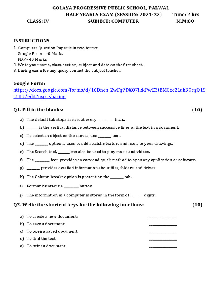 COMPUTER CLASS IV (PDF Question Paper) | PDF | Icon (Computing ...