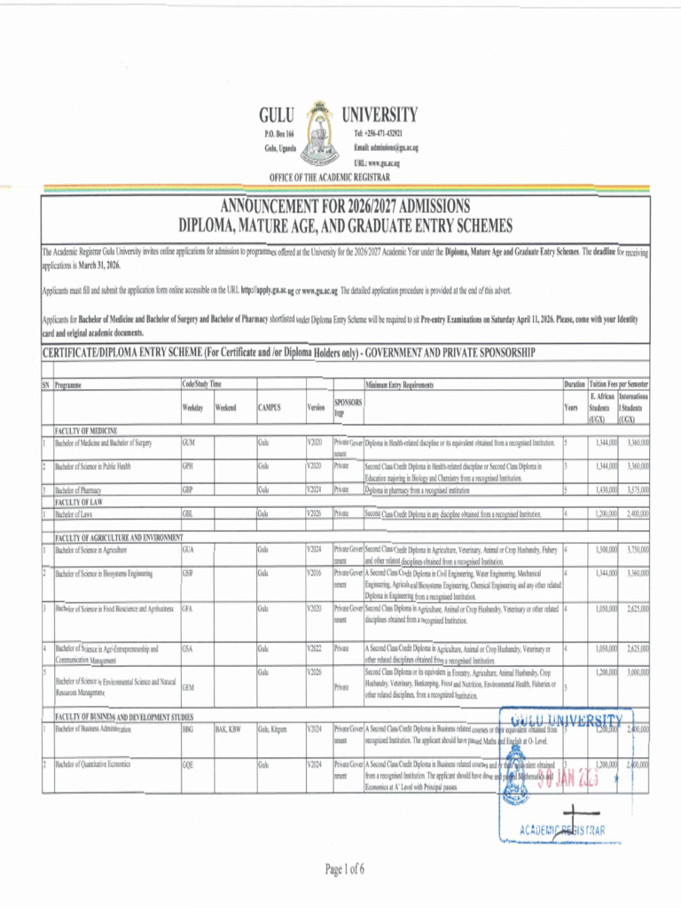 Gulu University Advert For Diploma Mature and Graduate Entry Schemes ...