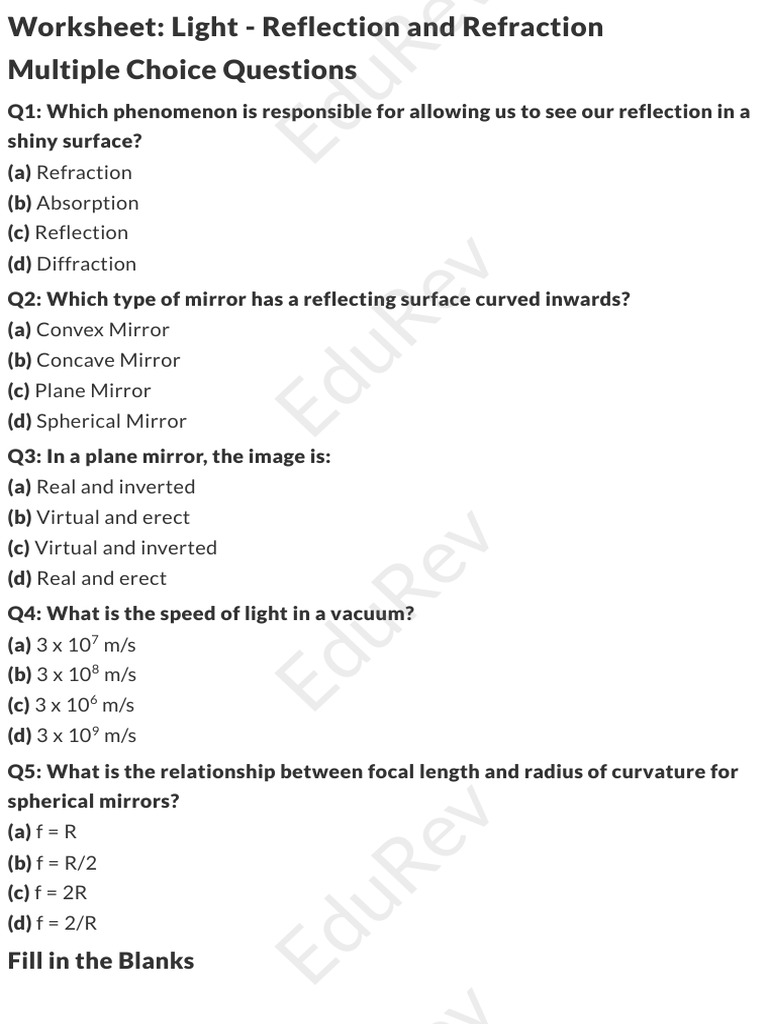 EduRev - Worksheet - Light - Reflection and Refraction | PDF | Mirror ...