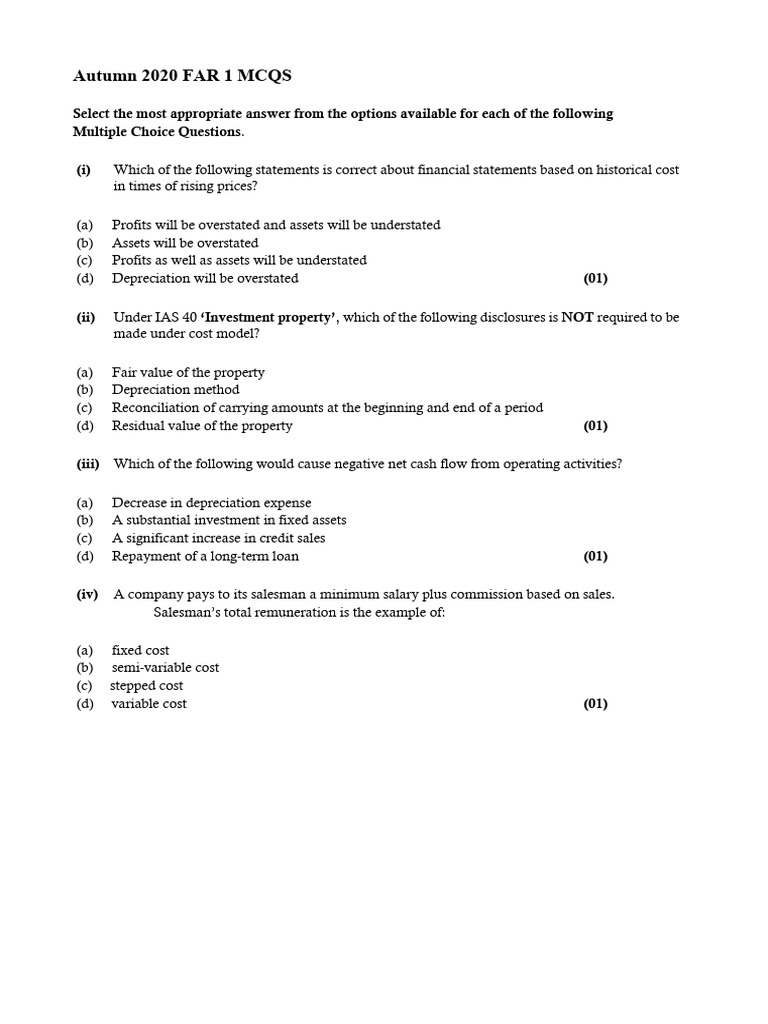 FAR MCQs Past Paper | PDF | Fair Value | Depreciation