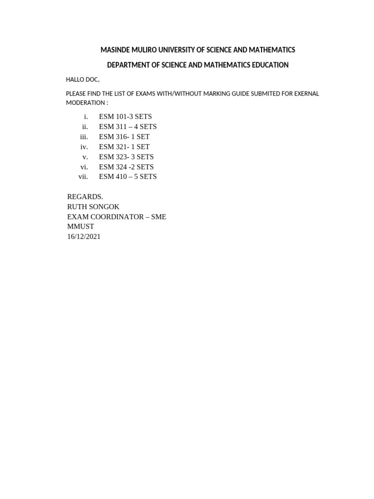 List of Exams Submitted For External Moderation | PDF