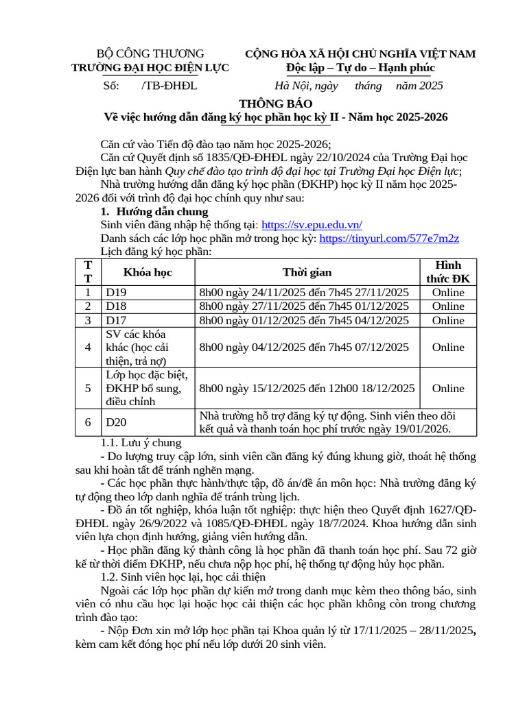 TB DKHP Ky 2 - 2025 2026 Trinh Ky | PDF