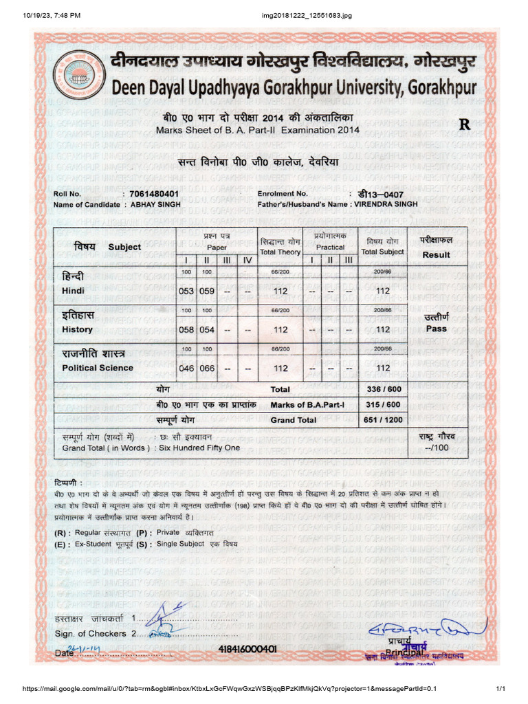 B.A. Second Year Marksheet | PDF