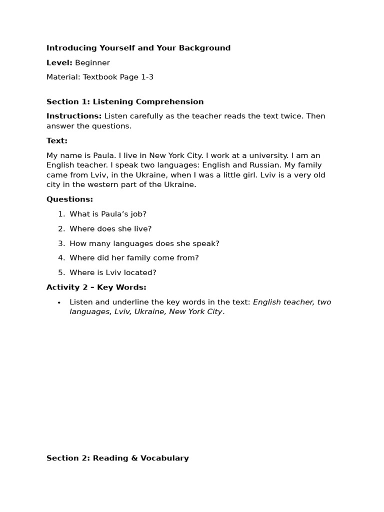 Day 1 - Introducing Yourself and Your Background | PDF | Reading ...