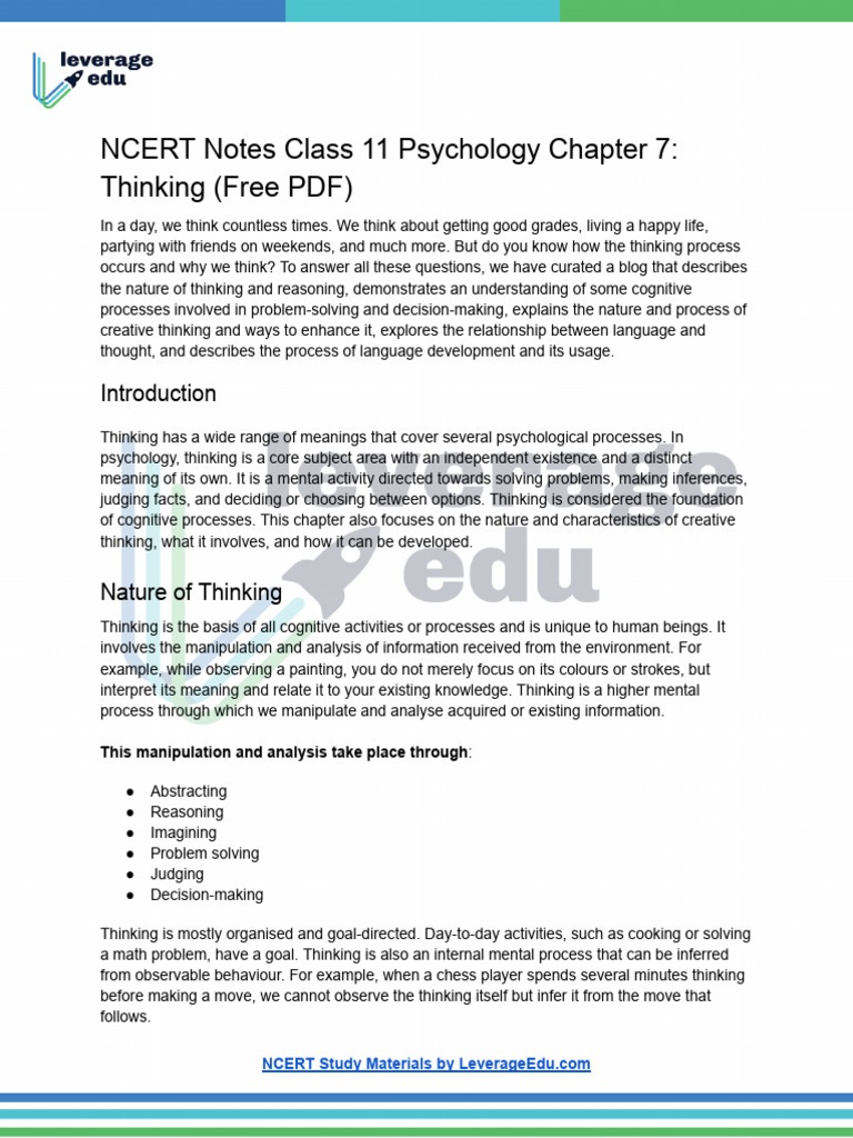 NCERT Notes Class 11 Psychology Chapter 7 - Thinking (Free PDF | PDF ...