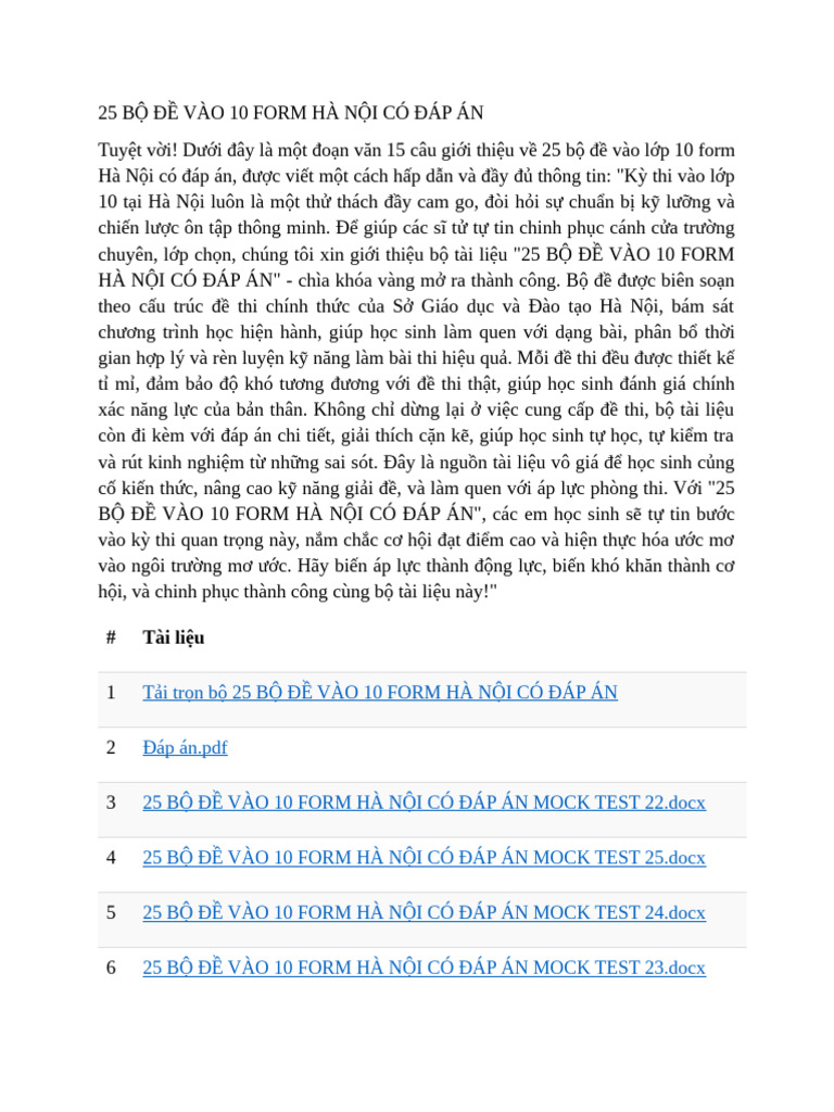 25 Bộ Đề Vào 10 Môn Anh Form Hà Nội Có Đáp Án | PDF