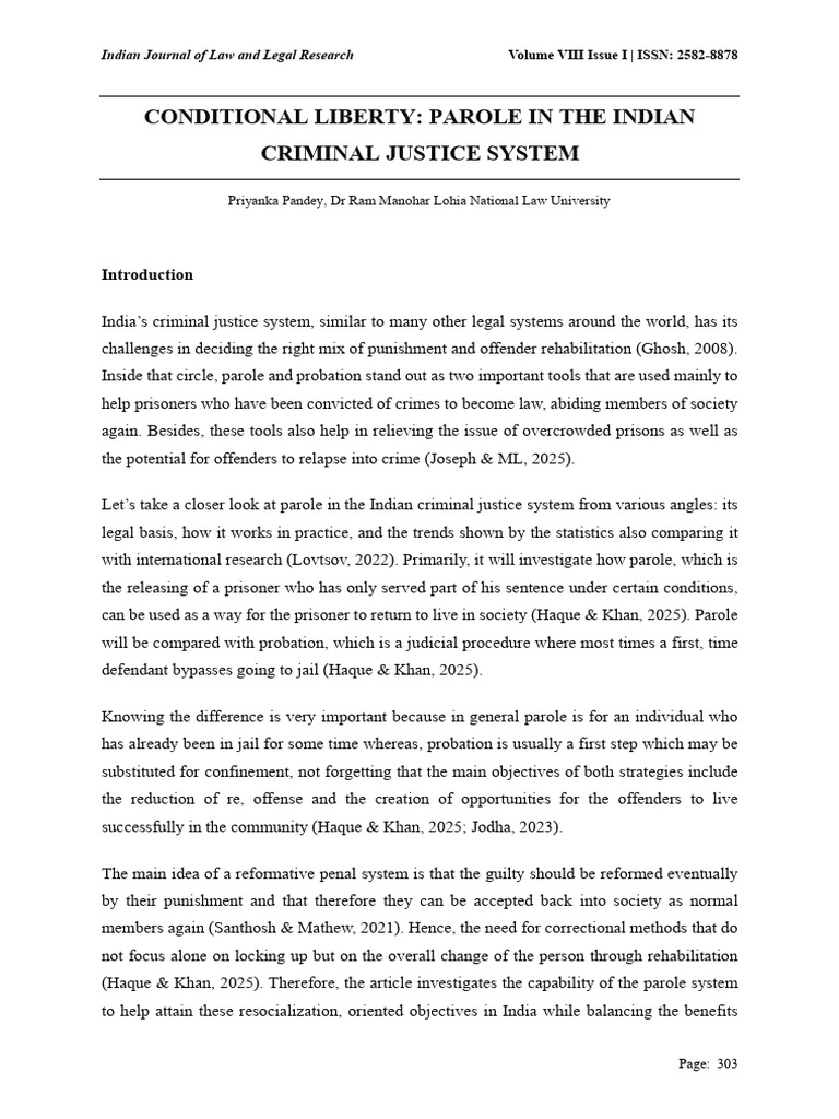 Conditional Liberty - Parole in The Indian Criminal Justice System ...