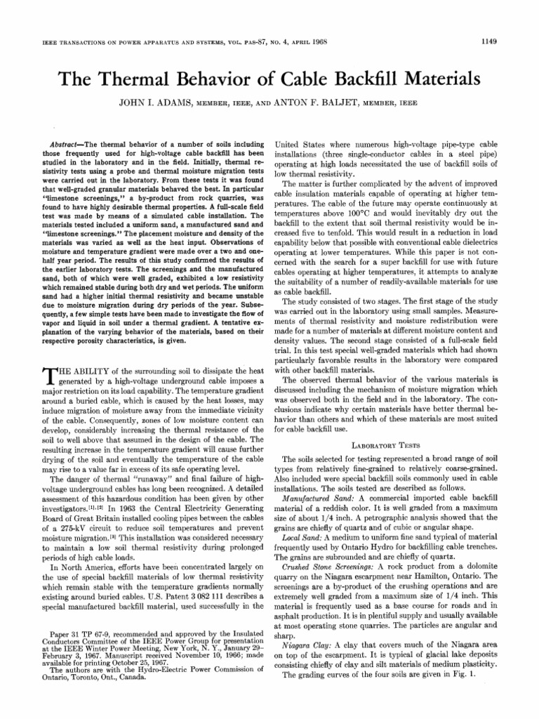 IEEE 1968 The Thermal Behavior of Cable Backfill Materials | PDF ...