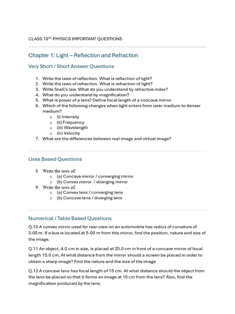 Class 10th Physics Important Questions | PDF | Electrical Resistance ...