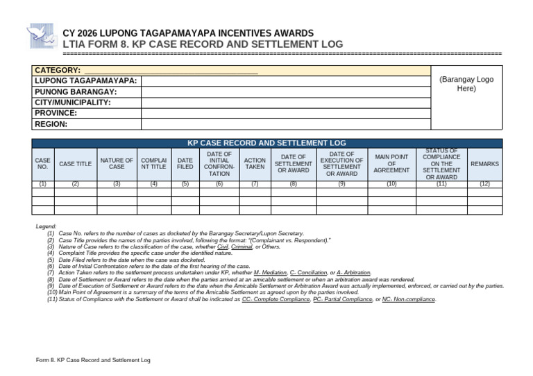 Form 8. KP Record and Settlement Log | PDF | Justice | Crime & Violence