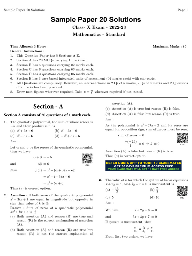 Maths Sample Paper Class 10 | PDF