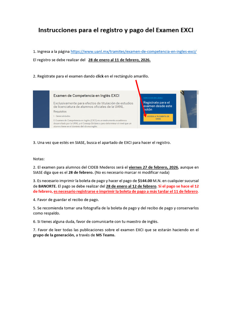 Instrucciones para El Registro y Pago Del Examen EXCI - 27 de Febrero 1 ...