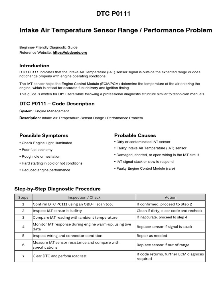 P0111: Intake Air Temperature Sensor Range/Performance Problem | PDF