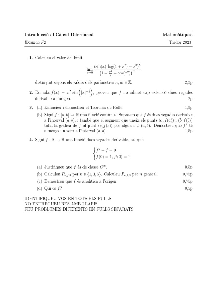 Examen F2: Introducci Oalc' Alcul Diferencial Matem' Atiques | PDF